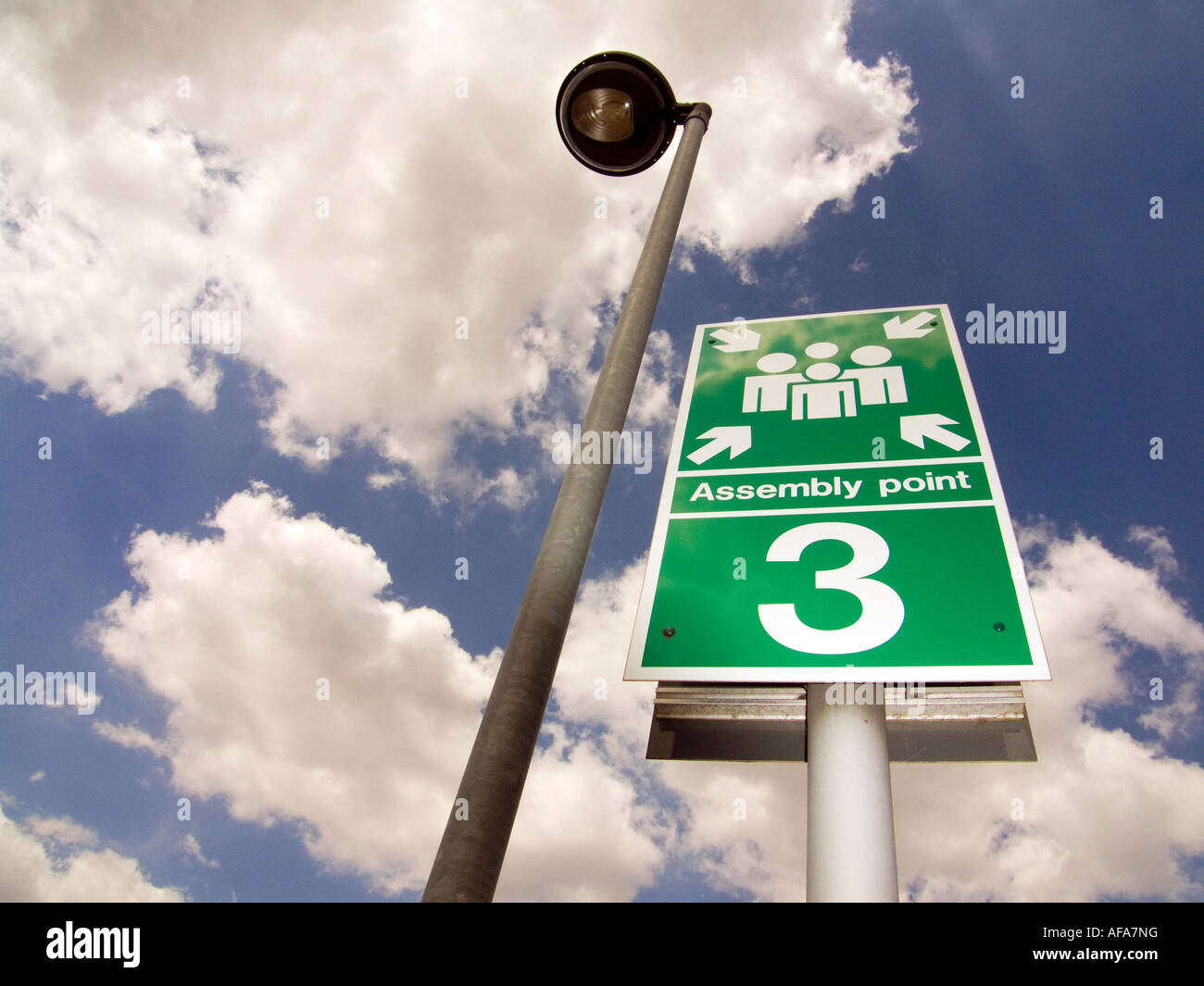 Assembly point sign post at a place of work Stock Photo - Alamy