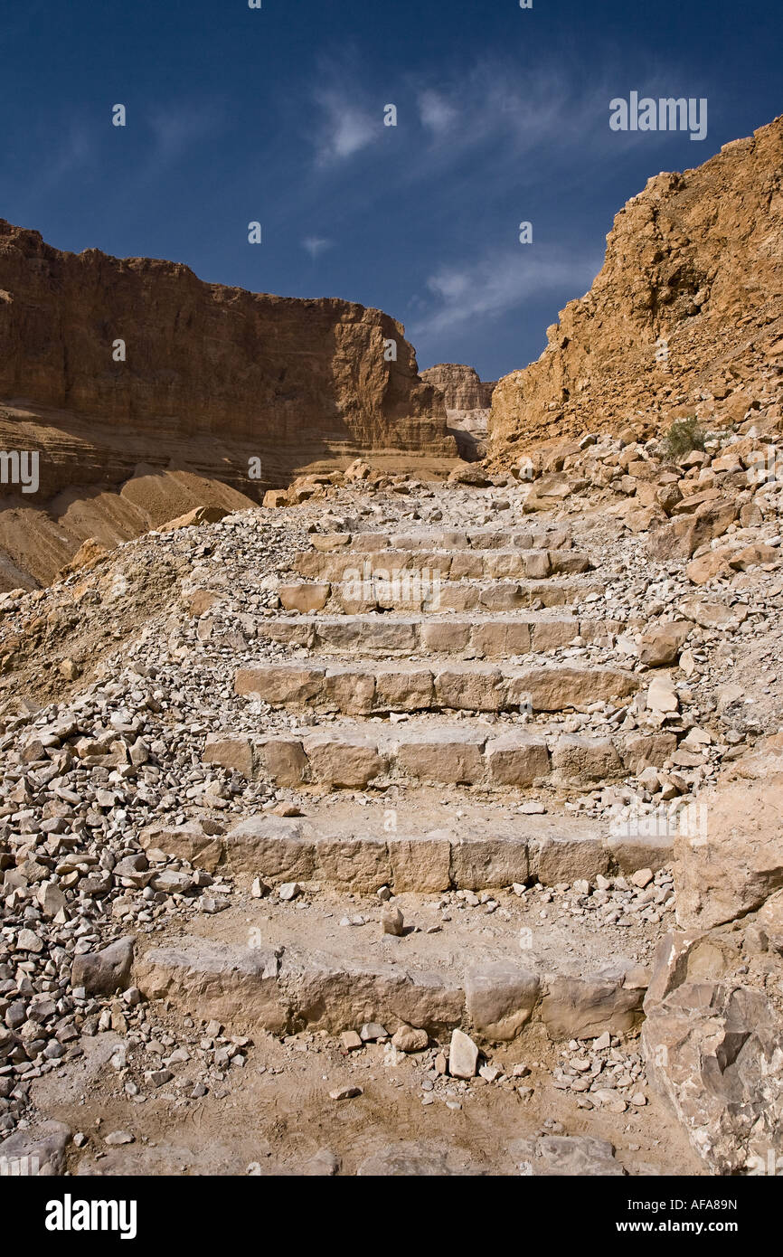Rock stairs leading to the Masada fortress ruins in Israel Stock Photo ...