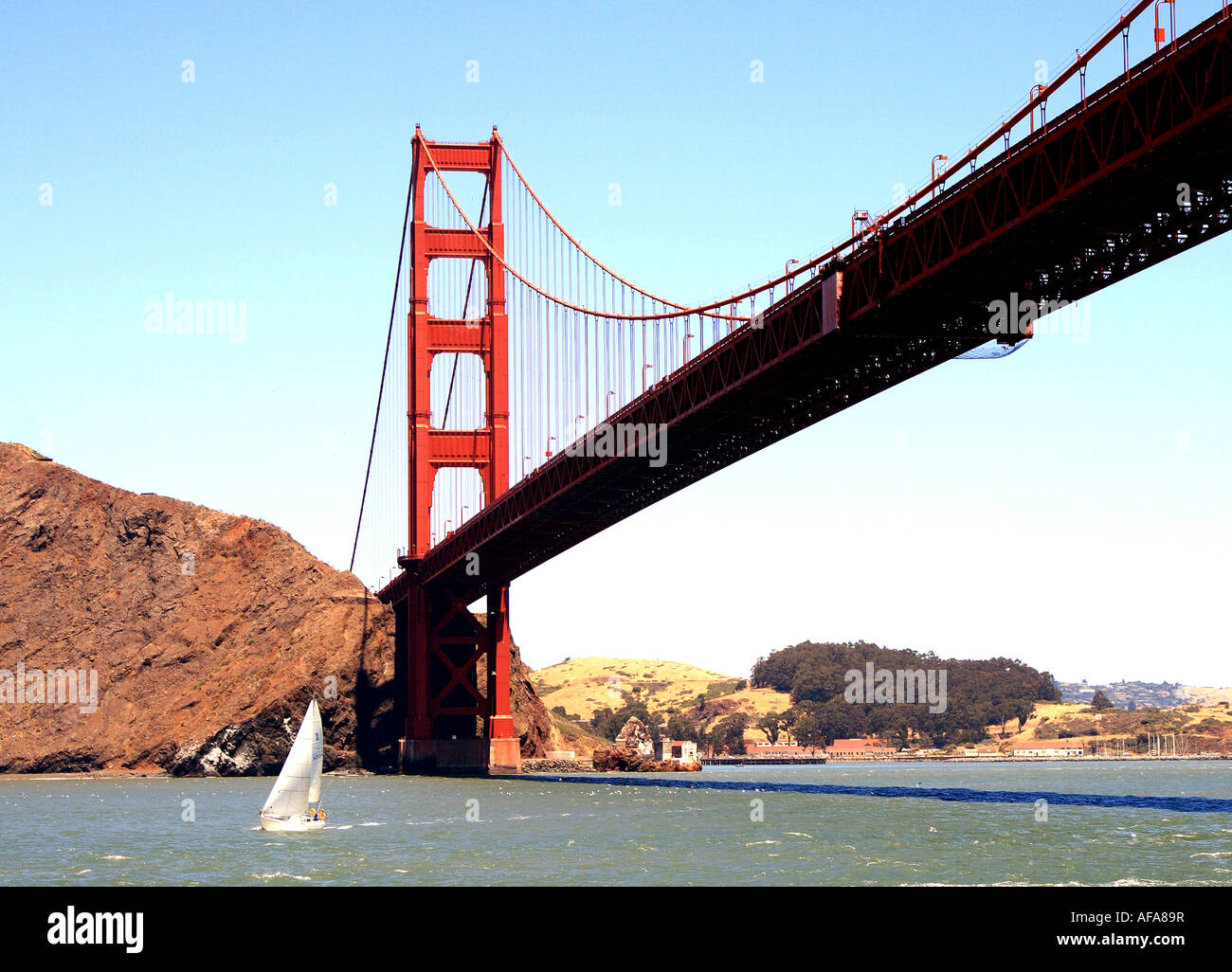 Horizonal view of a small sailboat passing under the northern span of ...