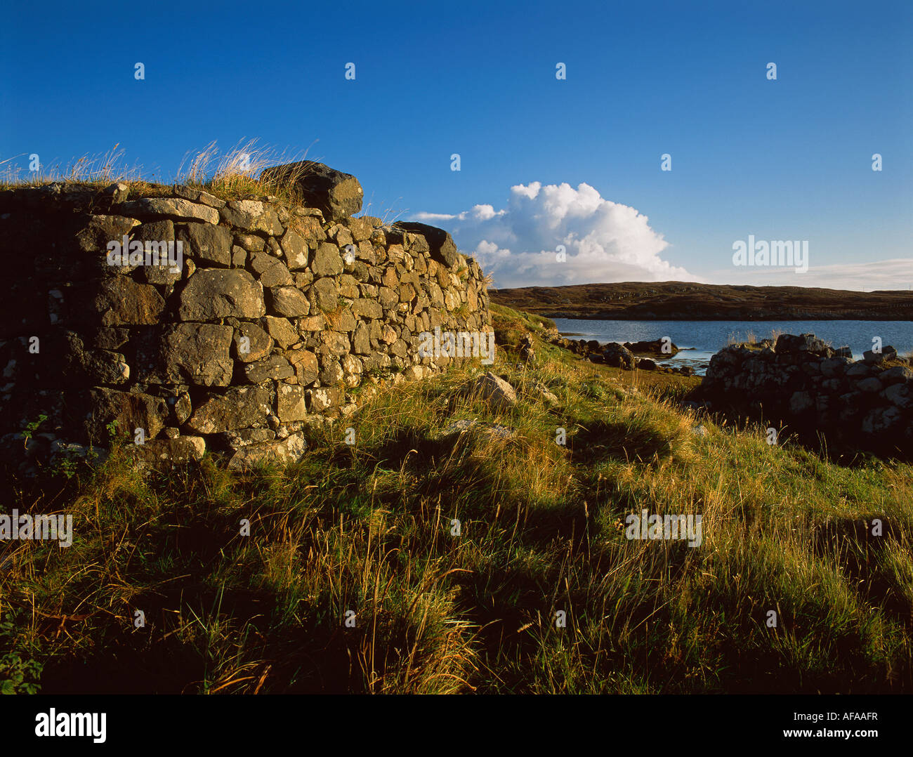 Ruined croft house at Balnambodach island of Barra Outer Hebrides ...