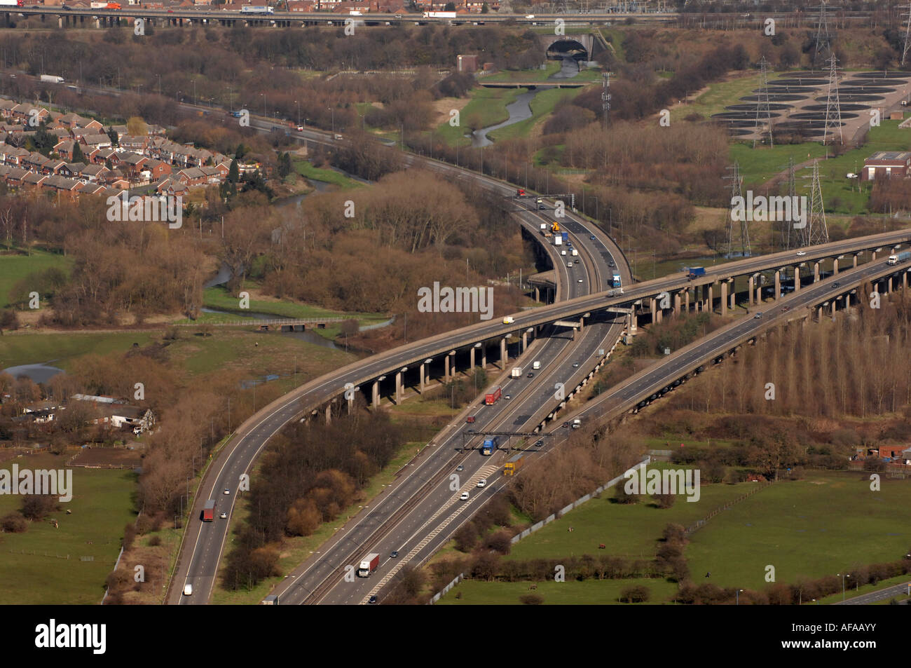 An aerial view of the M6 and M5 interchange in the West Midlands ...