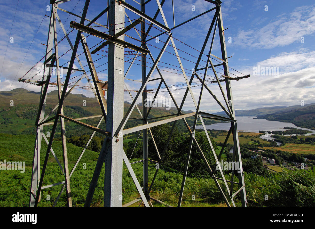 Electricity pylon outlined against a landscape of Loch Tay and ...