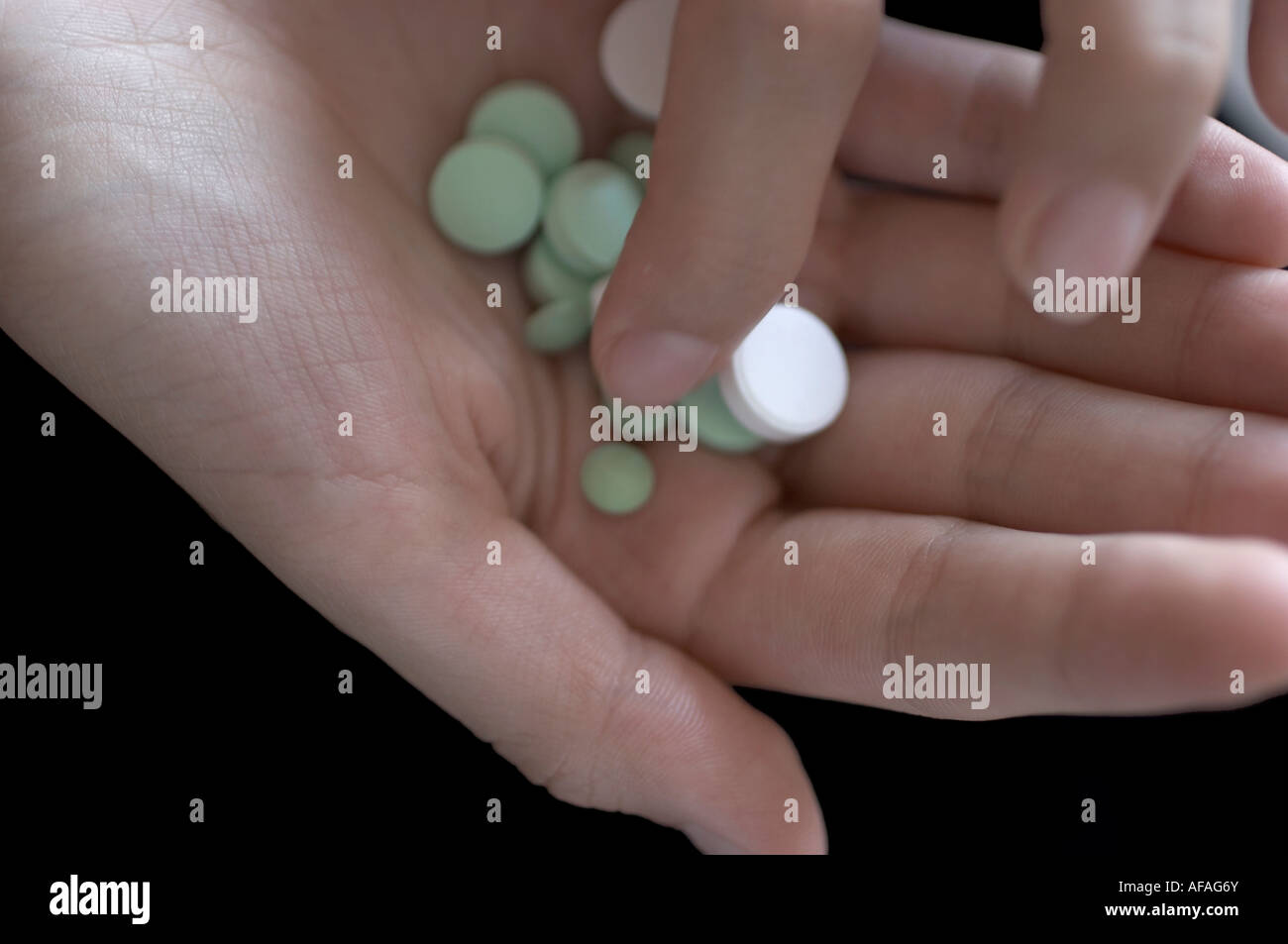 Still life with pharmaceutics drugs of different colors and setup Stock ...