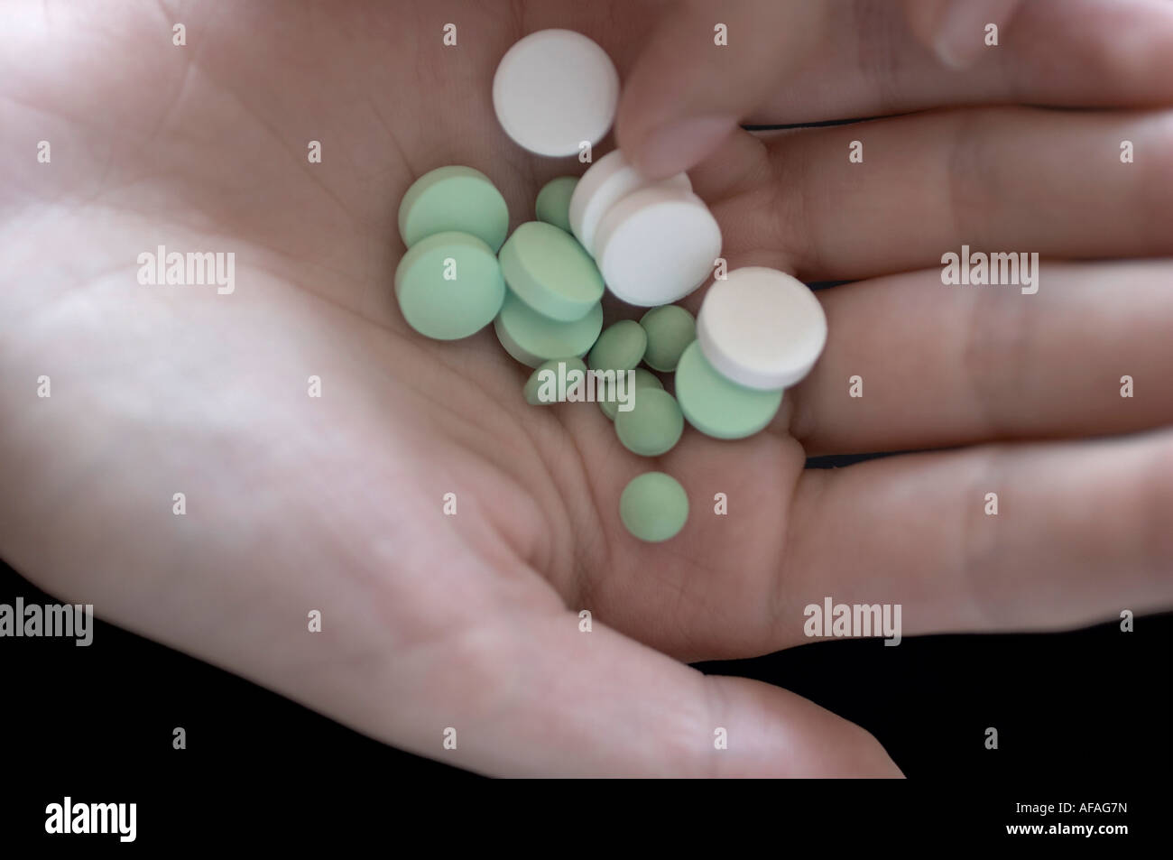 Still life with pharmaceutics drugs of different colors and setup Stock ...