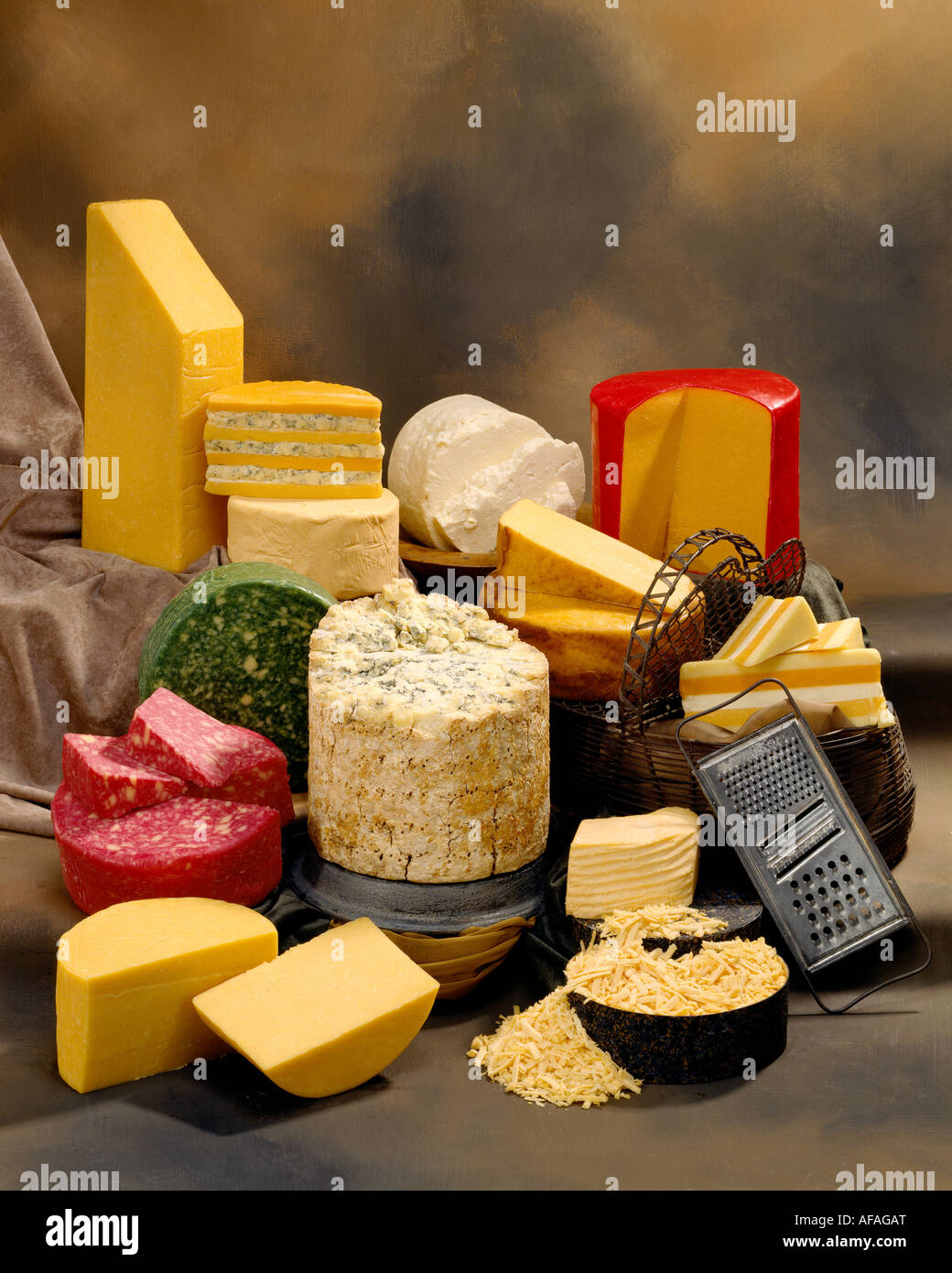 English Cheeses in group color photograph on warm toned mottled ...