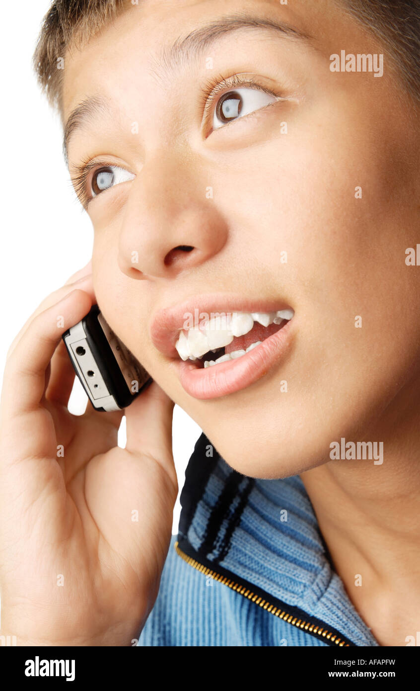 Glad boy talking via his cellular phone Stock Photo - Alamy