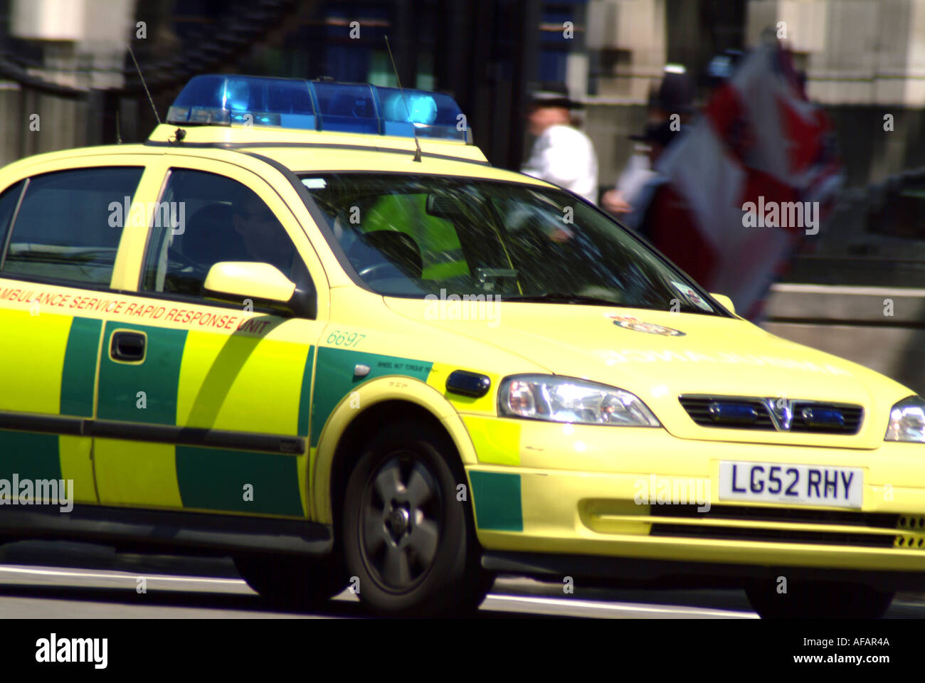 Ambulance Rapid Response car at speed in Whitehall London Stock Photo ...