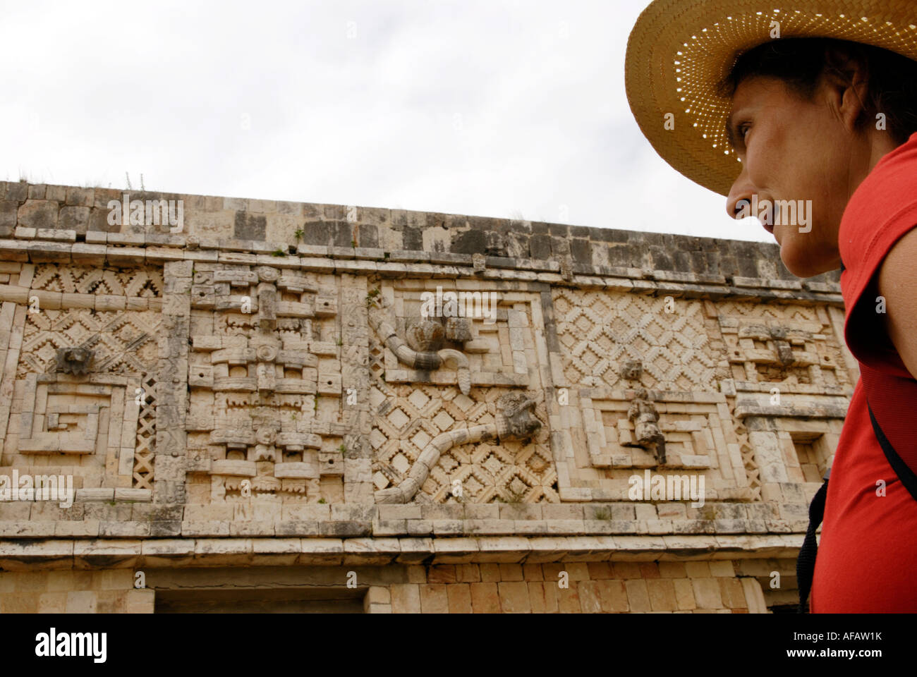 Profile portrait of woman in front of the Nun's Quadrangle, Uxmal Ruins ...