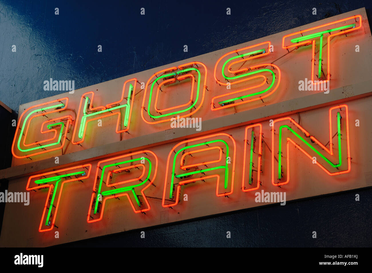 Neon Ghost Train Sign Stock Photo - Alamy