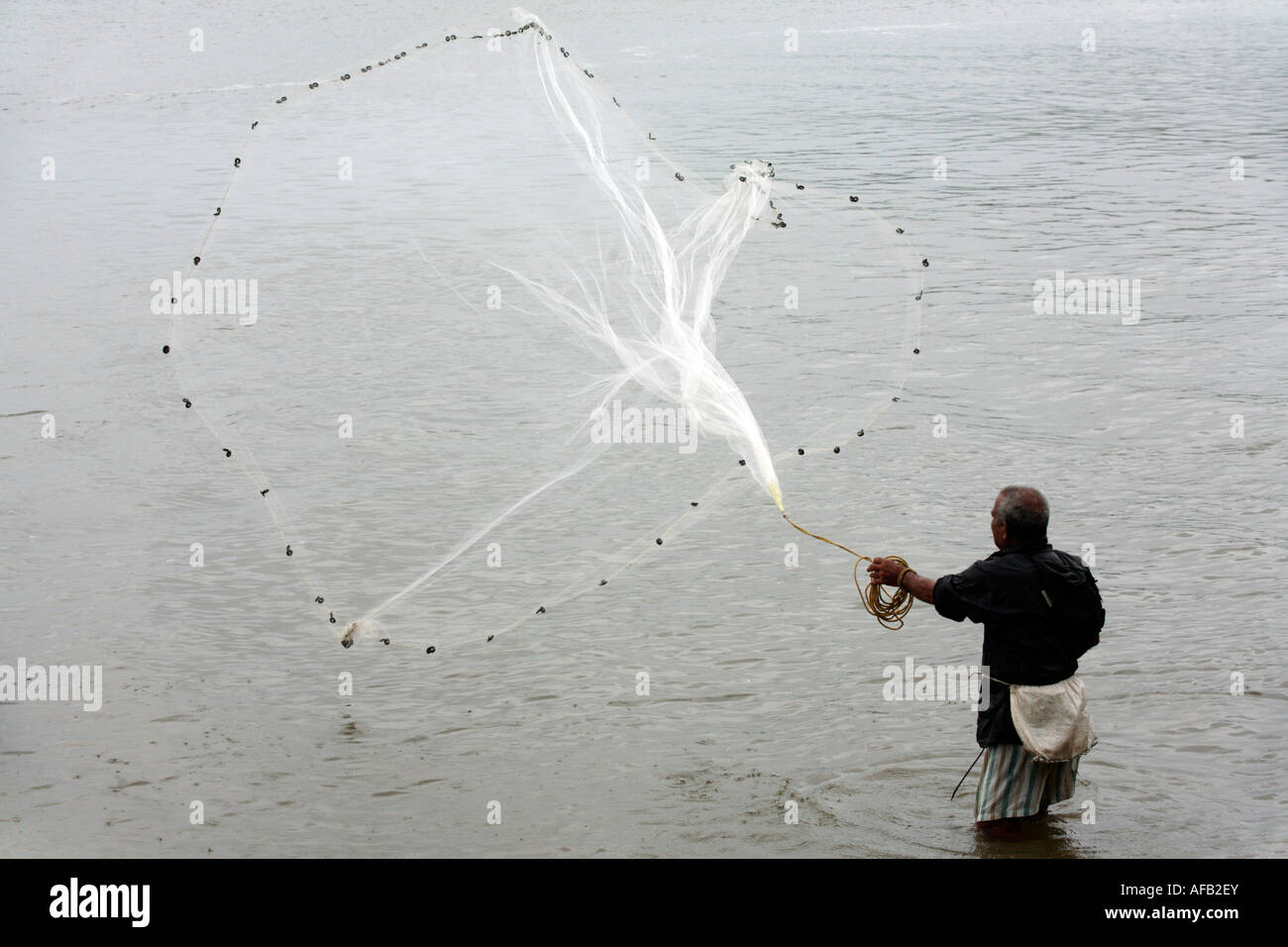 Local Goan Fisherman throwing a cast net.Tiracol River near Querim ...