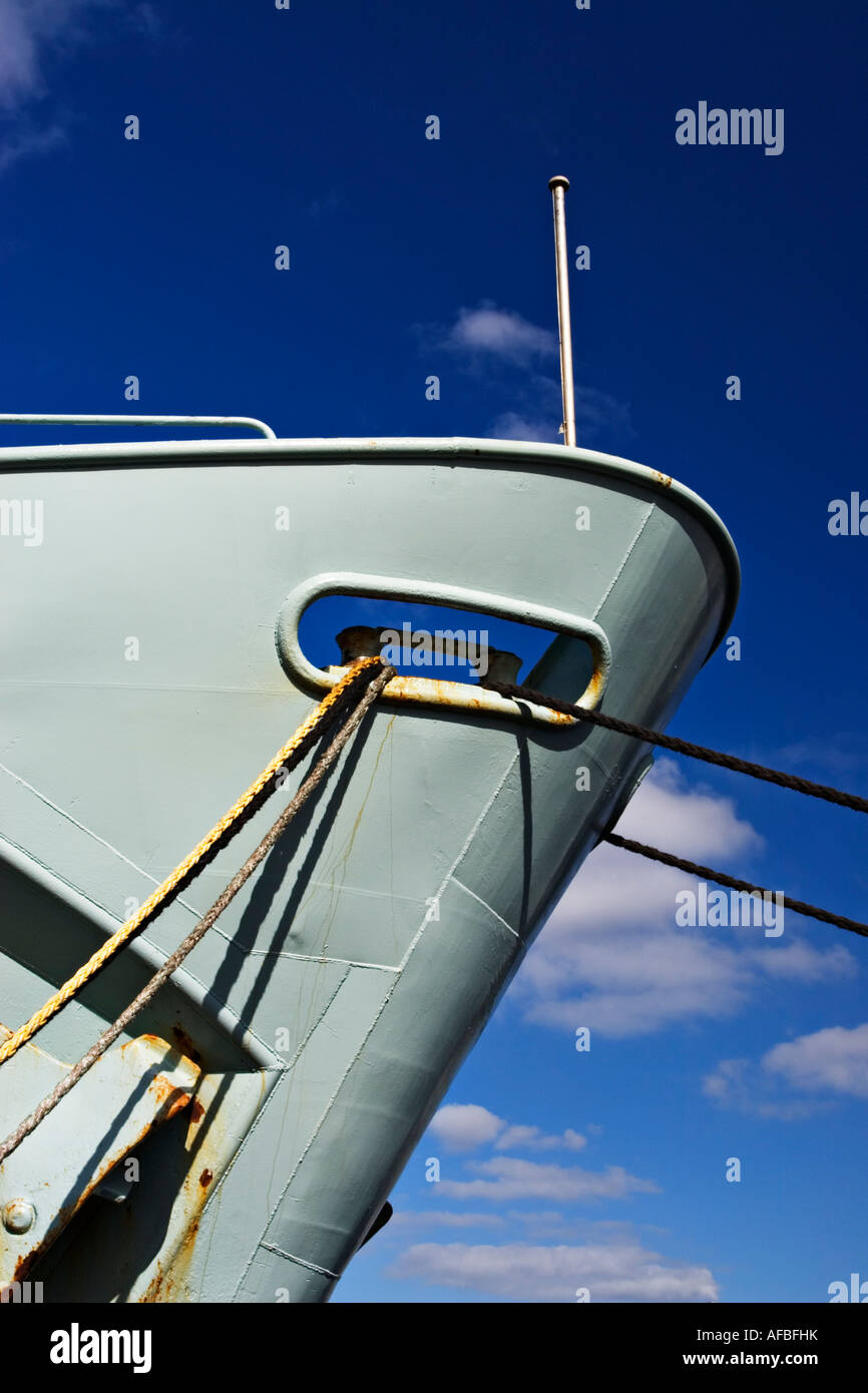 Shipping / Ship. Close up view of a Ships bow with mooring ropes ...