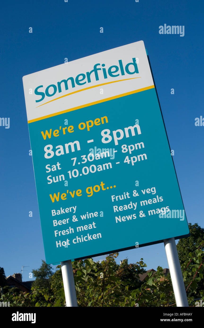 Somerfield supermarket sign against deep blue sky background Stock ...