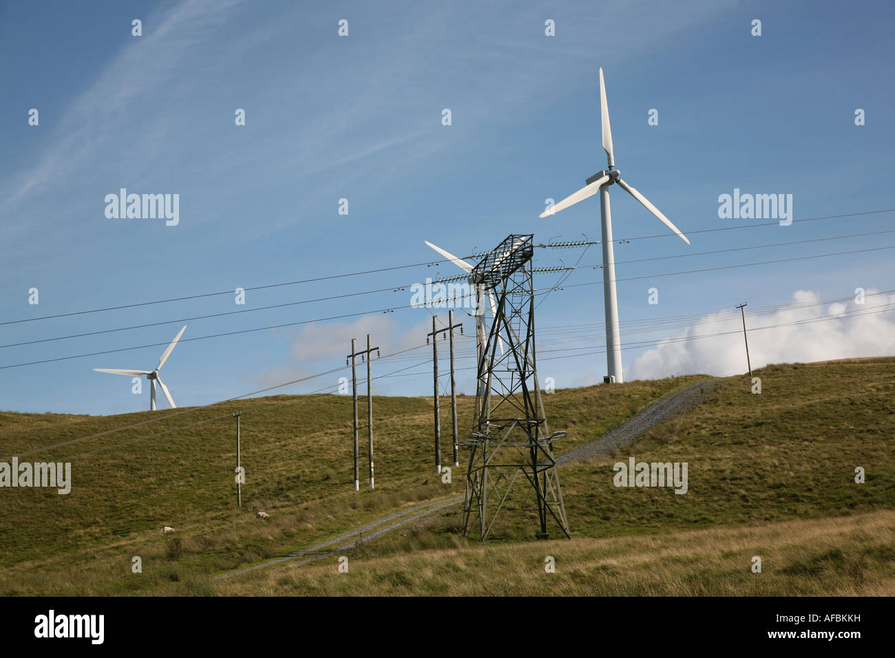 Wind farm with electricity lines and pylon, Wales Stock Photo - Alamy