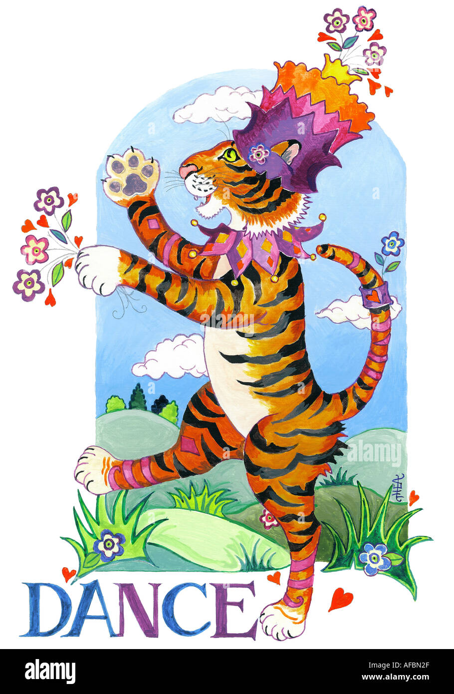 An amusing illustration of a large friendly striped tiger wearing a ...