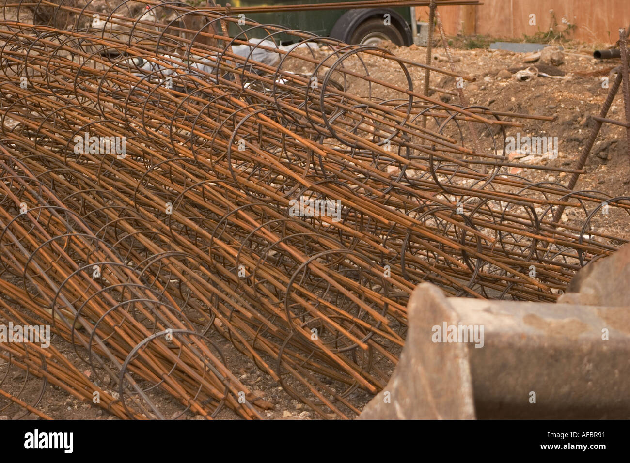 Metal reinforcing rods, for concrete piles. On a building site Stock ...
