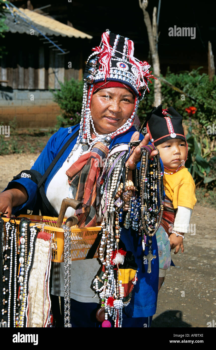 Woman with baby selling gifts, Hill Tribe, Pang Daeng Village, Chiang ...