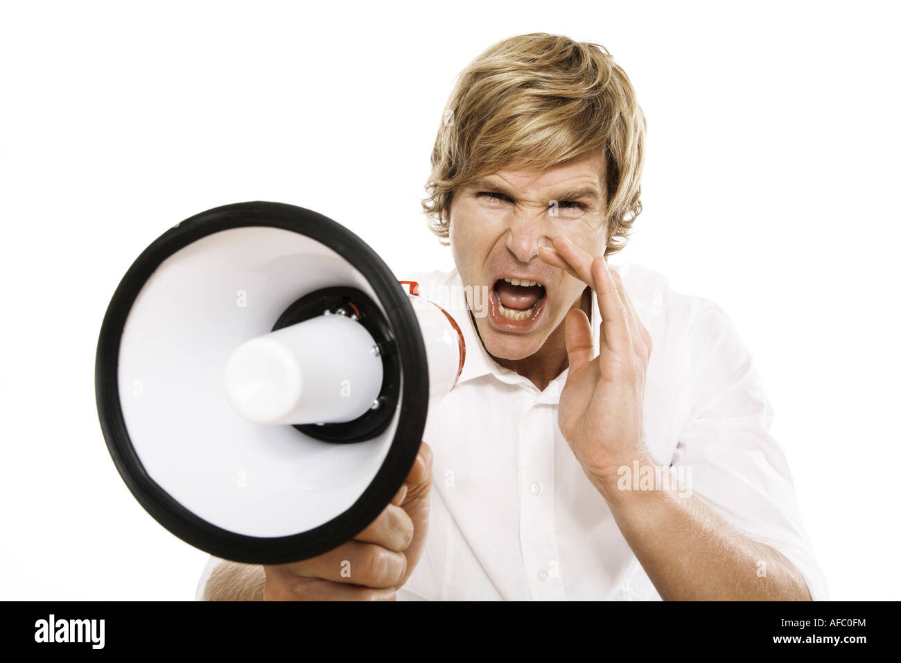 Man using megaphone, close-up Stock Photo - Alamy