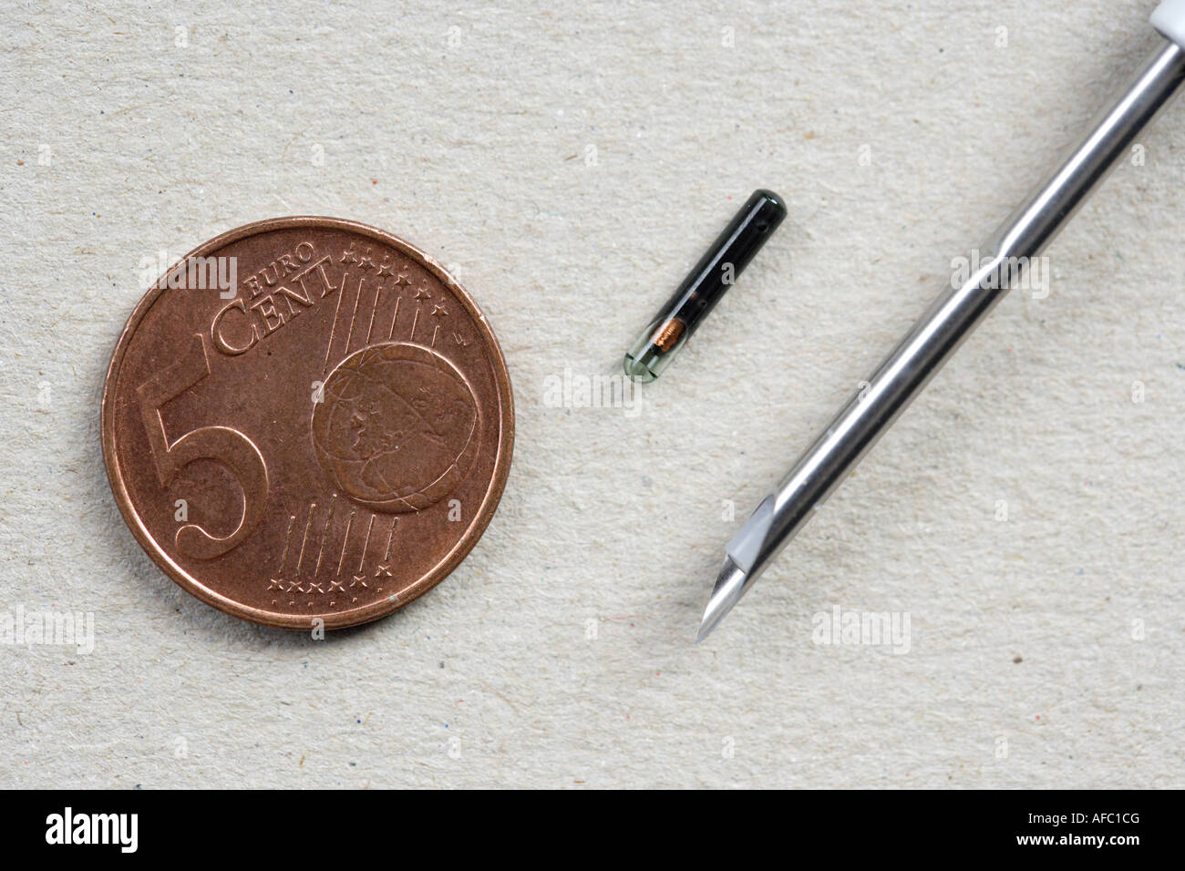 Identification chip with syringe and cannula next to a coin All data of ...