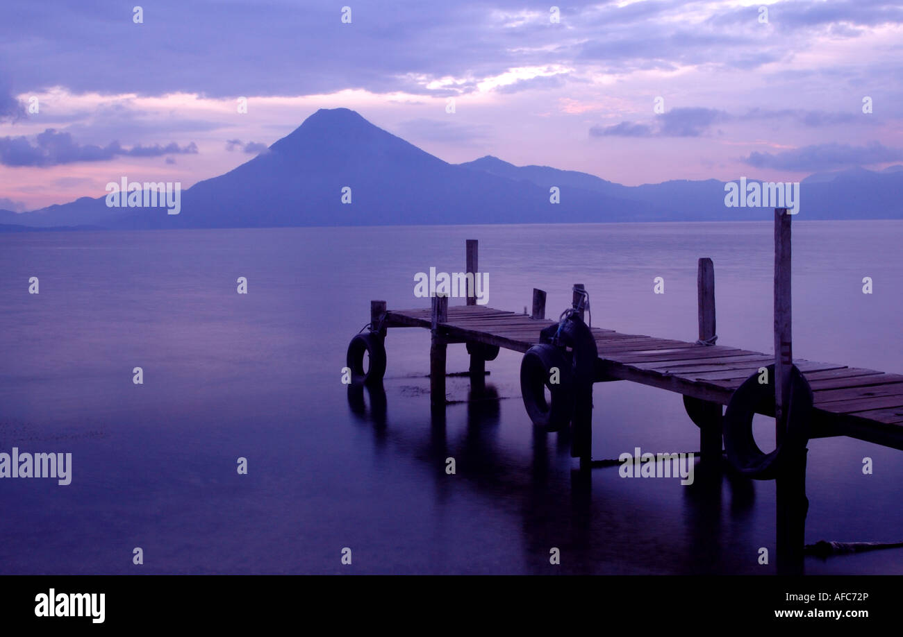 Jetty at Lake Atitlan, Guatemala, with Volcan Atitlan in the background ...