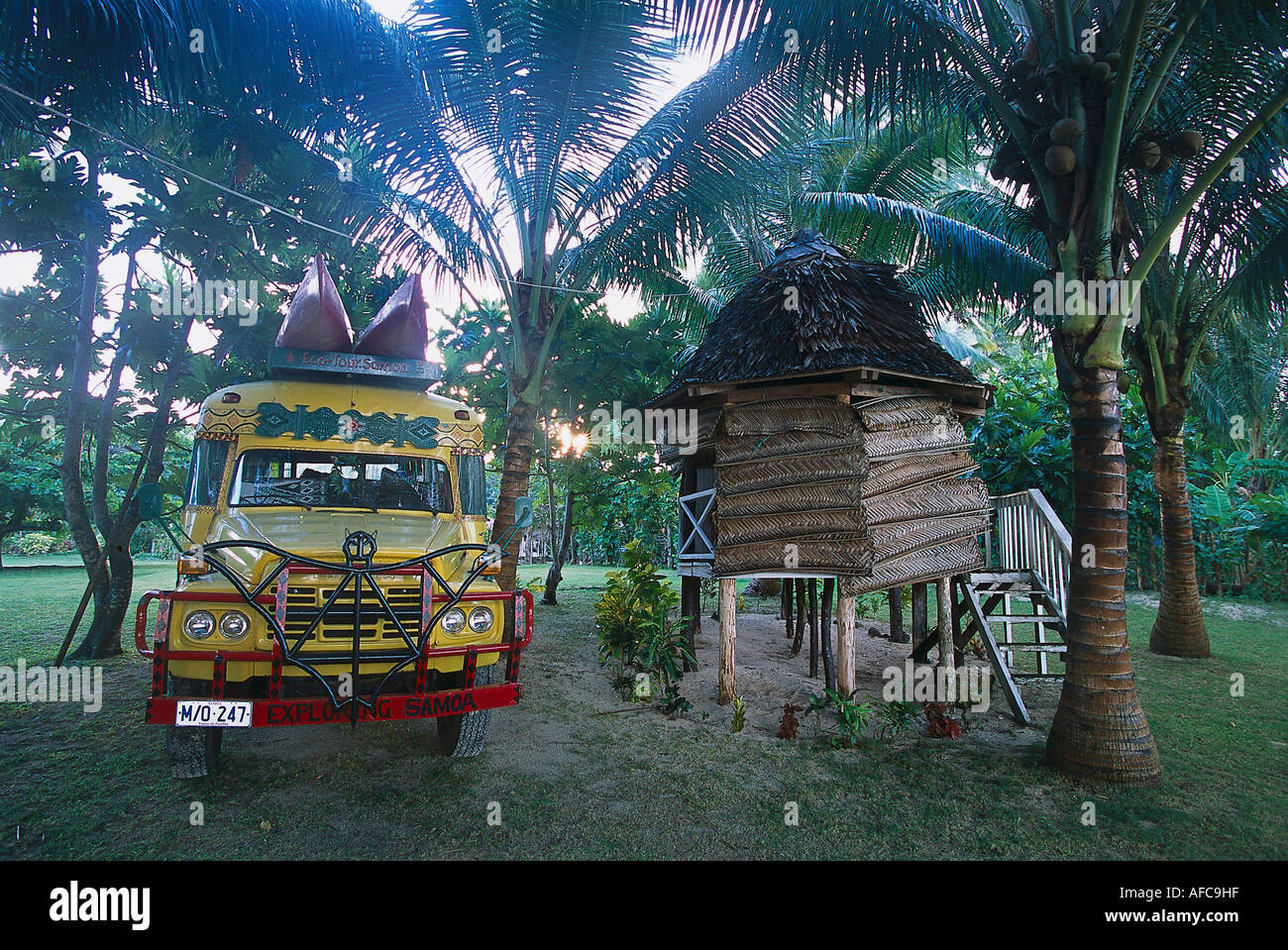 Ecotour Bus and Fale, Jane's Beach Fales Manase, Savai'i, Samoa Stock ...