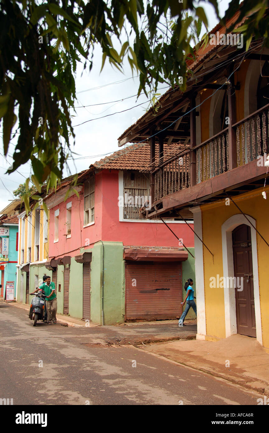 Colourful painted buildings on street in Fontainhas latin quarter of ...