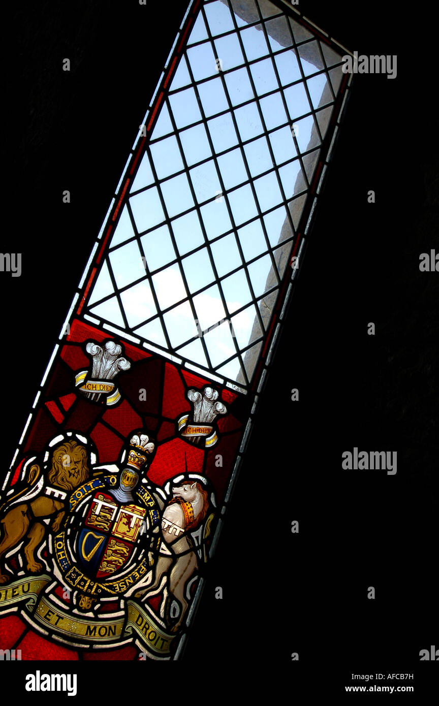 Stained glass window showing British Royal Family Crest Stock Photo - Alamy