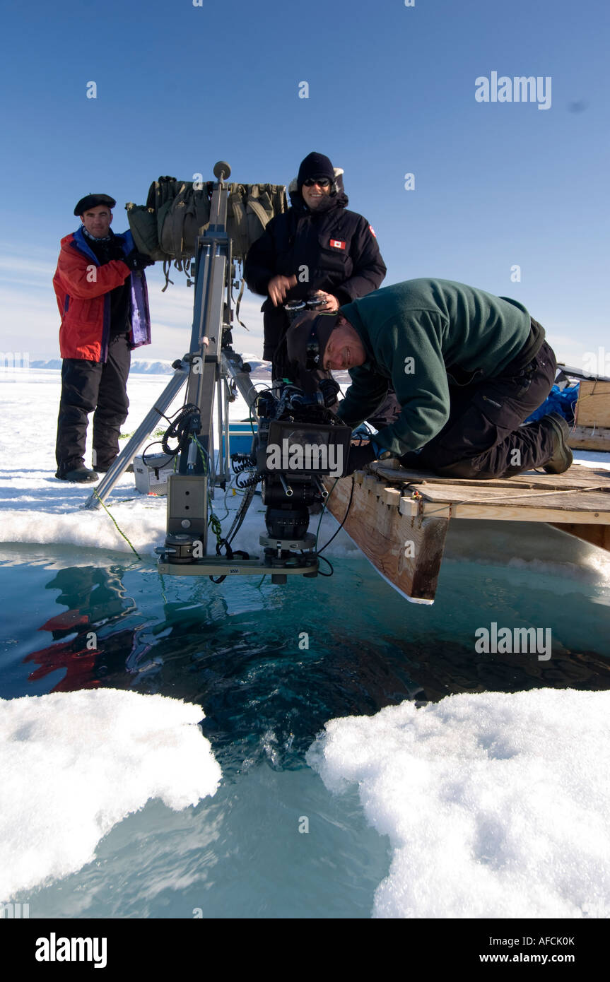 Film crew working in high arctic spring+35mm Aaton camera,Gib arm ...