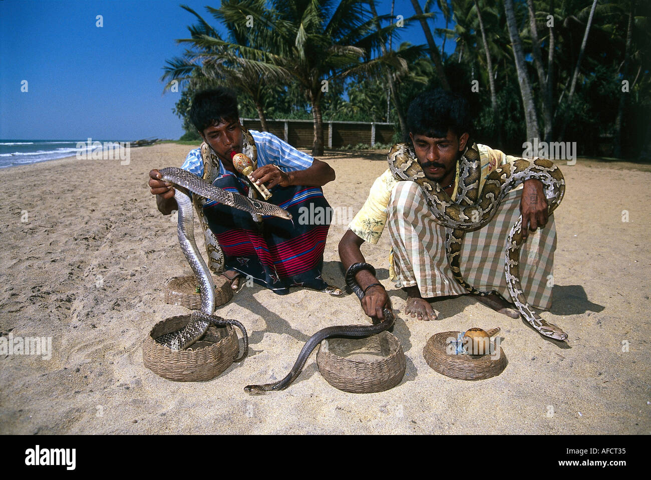geography / travel, Sri Lanka, humans, two snake charmers with python ...