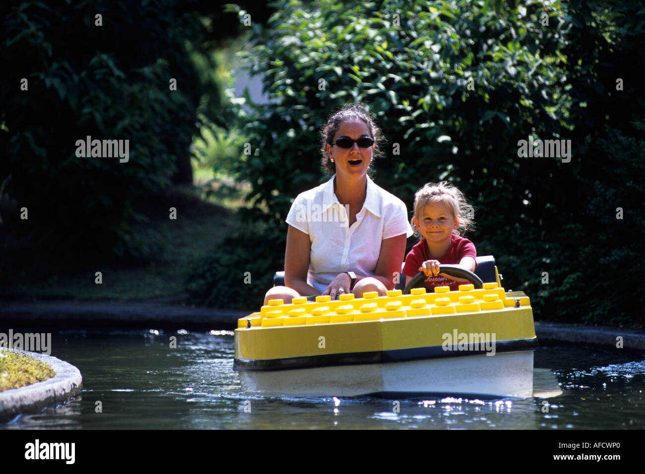 Mother and Child in a Lego Boat, Legoland, Billund, Central Jutland ...