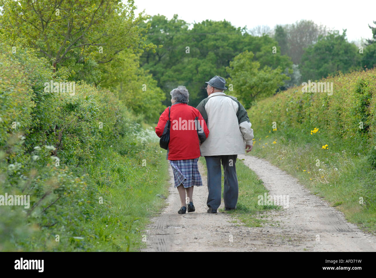 Retired couple walk together along a country lane Stock Photo - Alamy