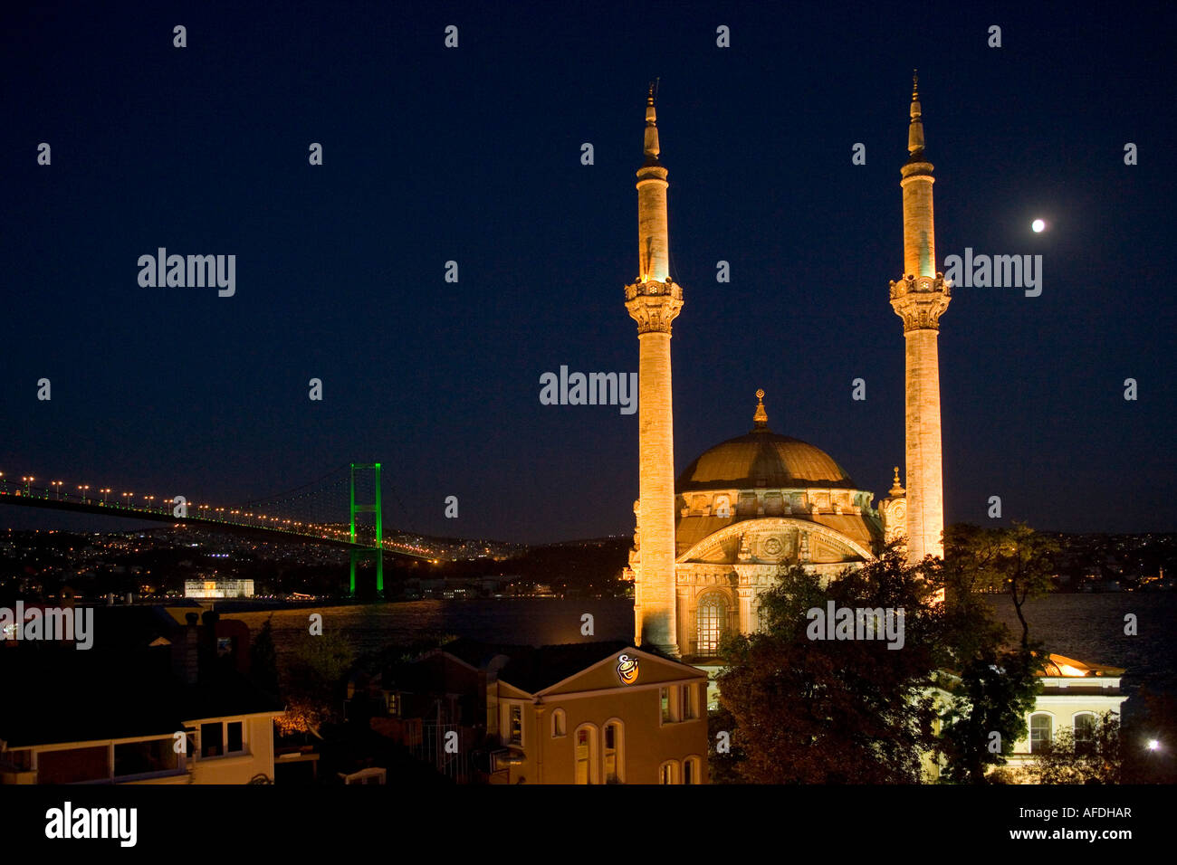 The Great Buyuk Mecidiye Mosque and The Bosphorus Bridge at night ...