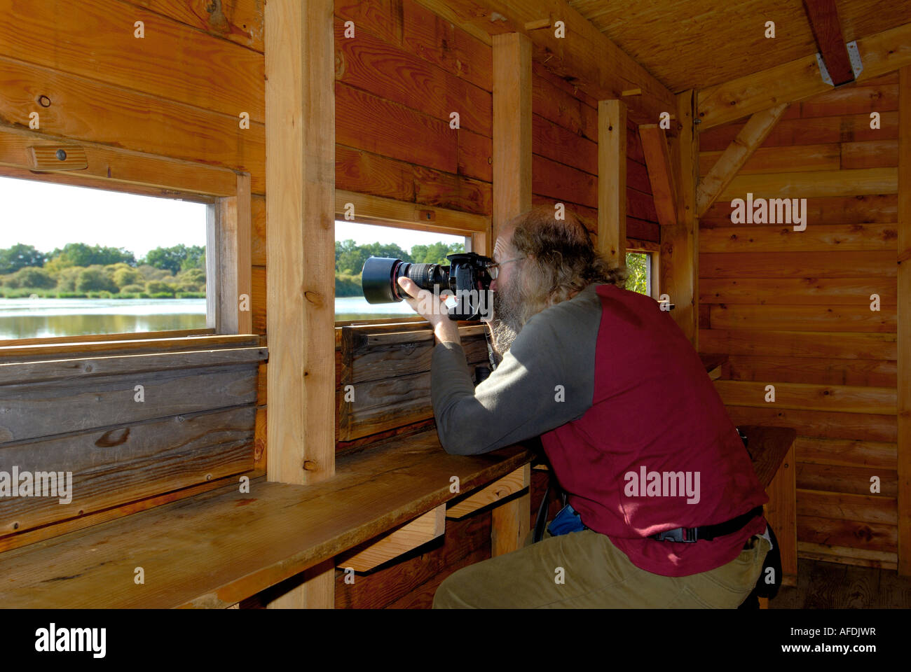 Photographer / bird watcher in Observation hide at étang Massé, La ...