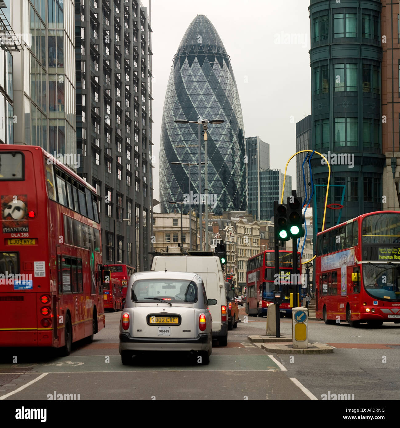 Bishopsgate Square Mile London traffic Gherkin double decker bus red ...