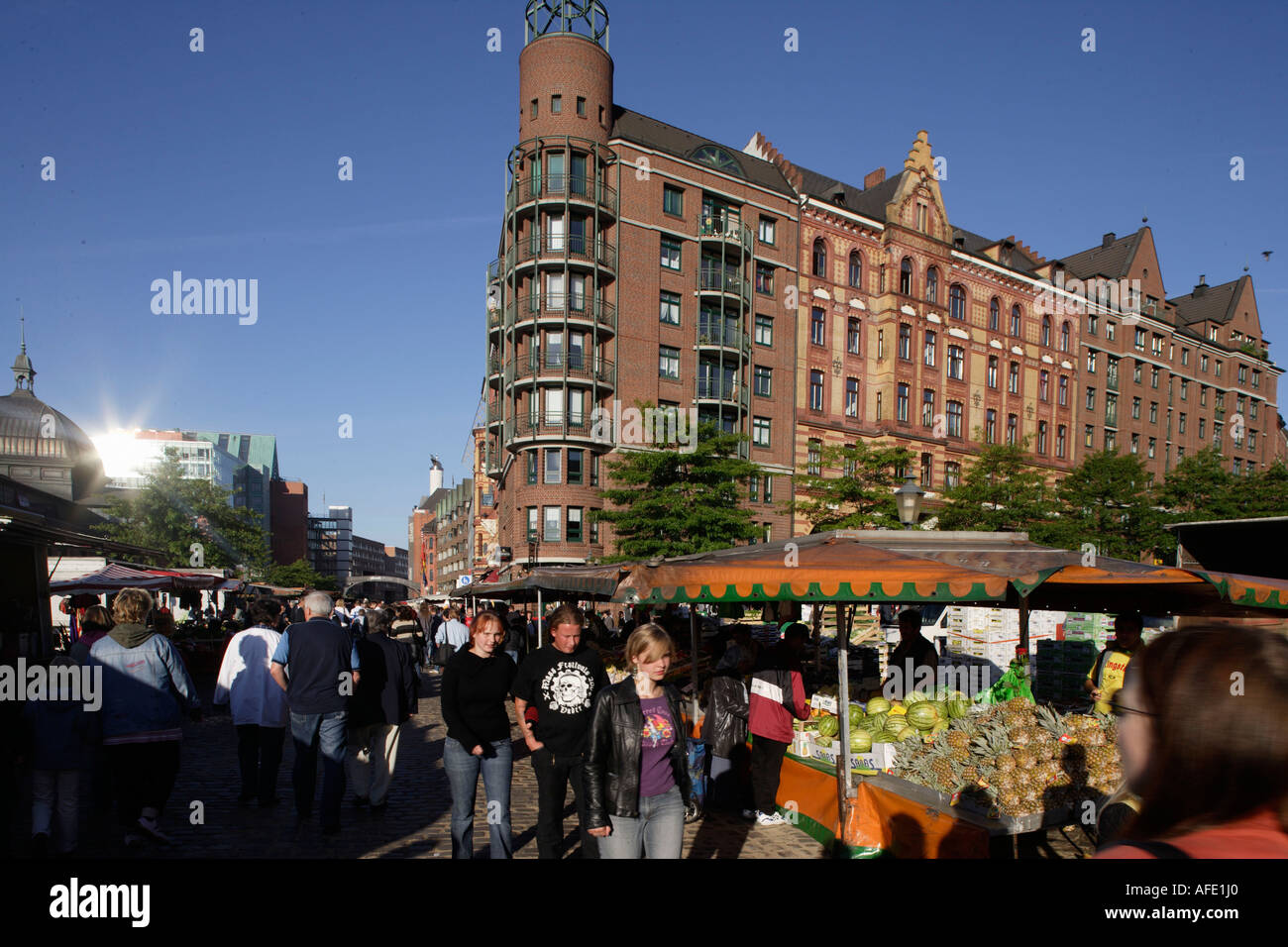 Market stands on the Fischmarkt, traditional fish market takes place ...