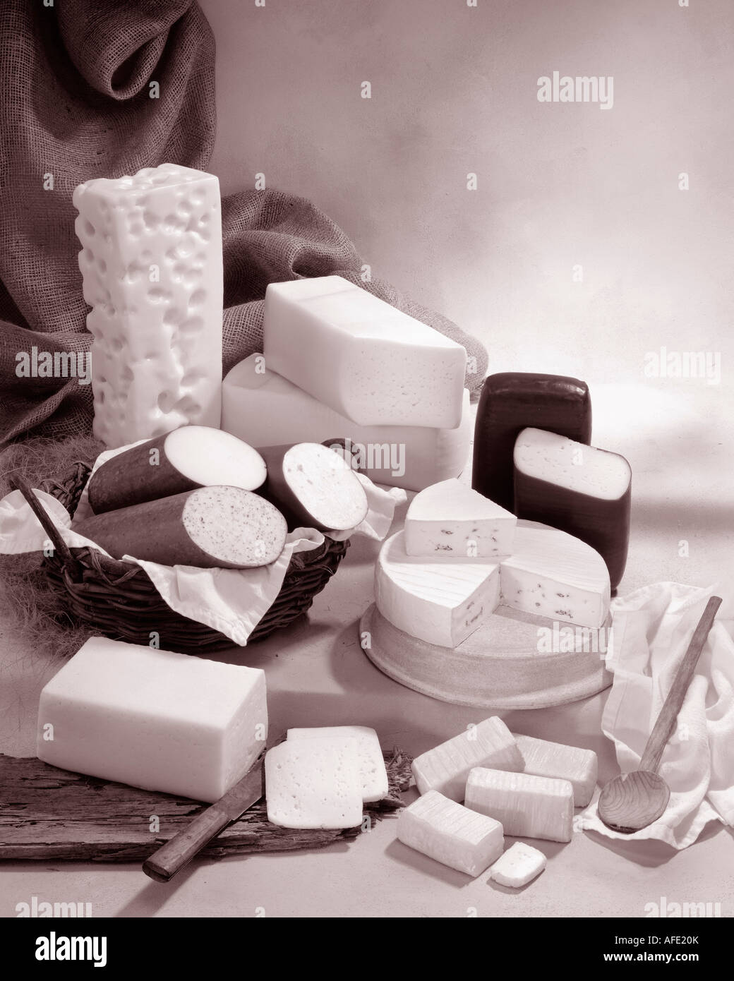 German Cheeses in group sepia photograph on warm toned mottled ...