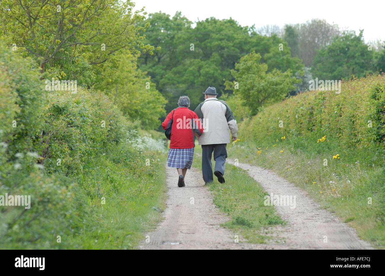Retired couple walk together along a country lane Stock Photo - Alamy
