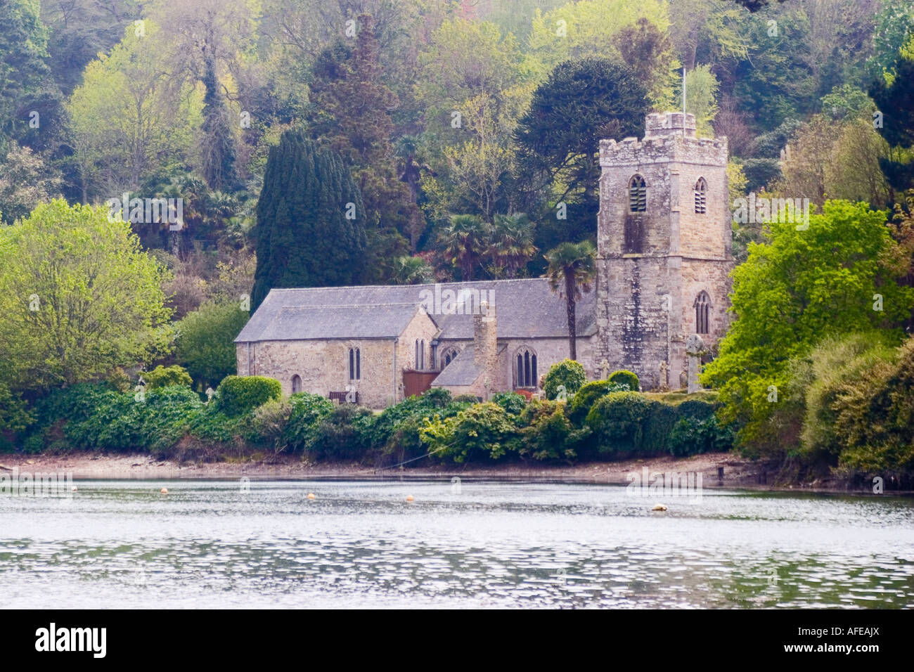 St Just in Roseland Church on the river Fal, South Cornwall Stock Photo ...