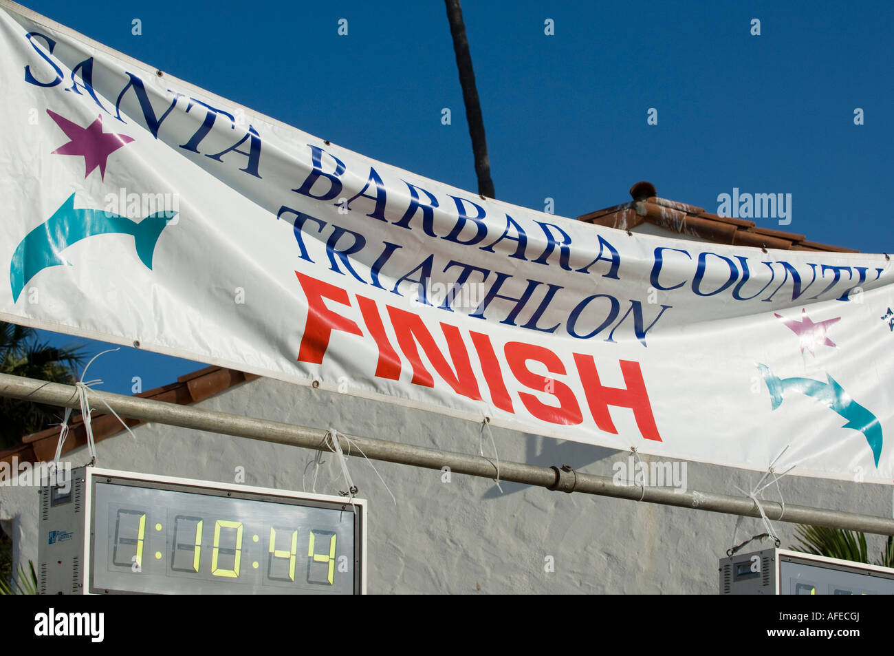 Finish line and time clocks, Santa Barbara triathlon 2007 Stock Photo ...