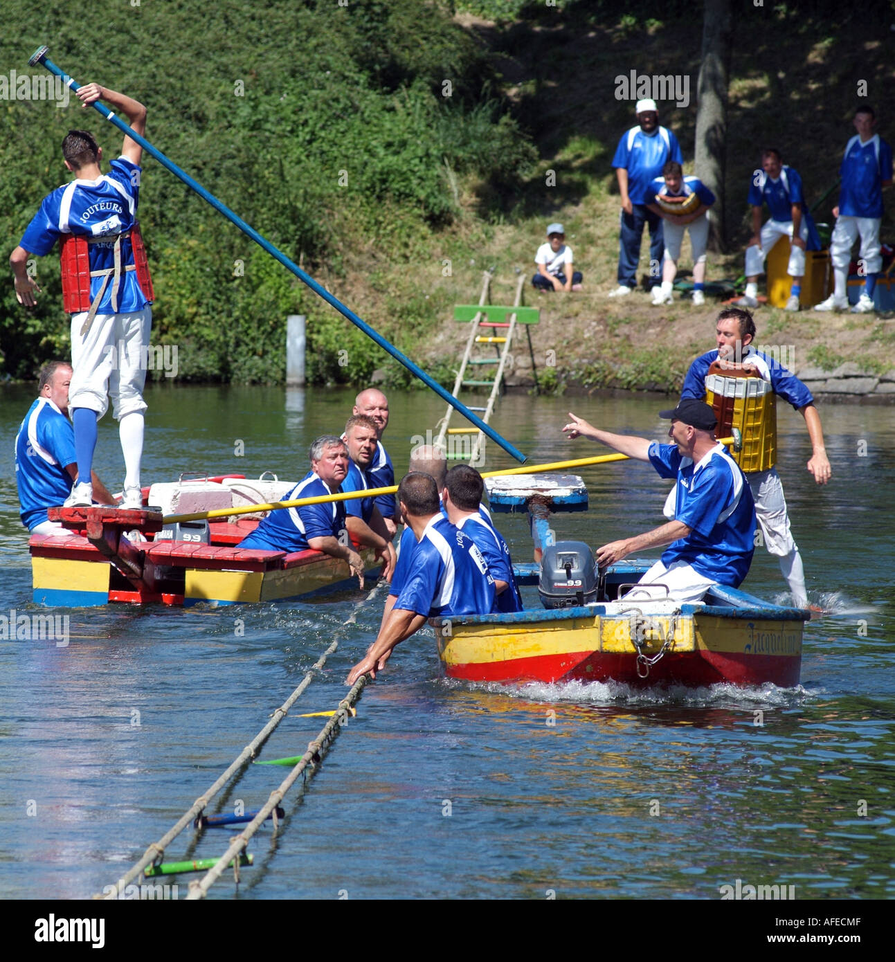Water jousting from boats. Quai de Rivage in Arras nothern France ...