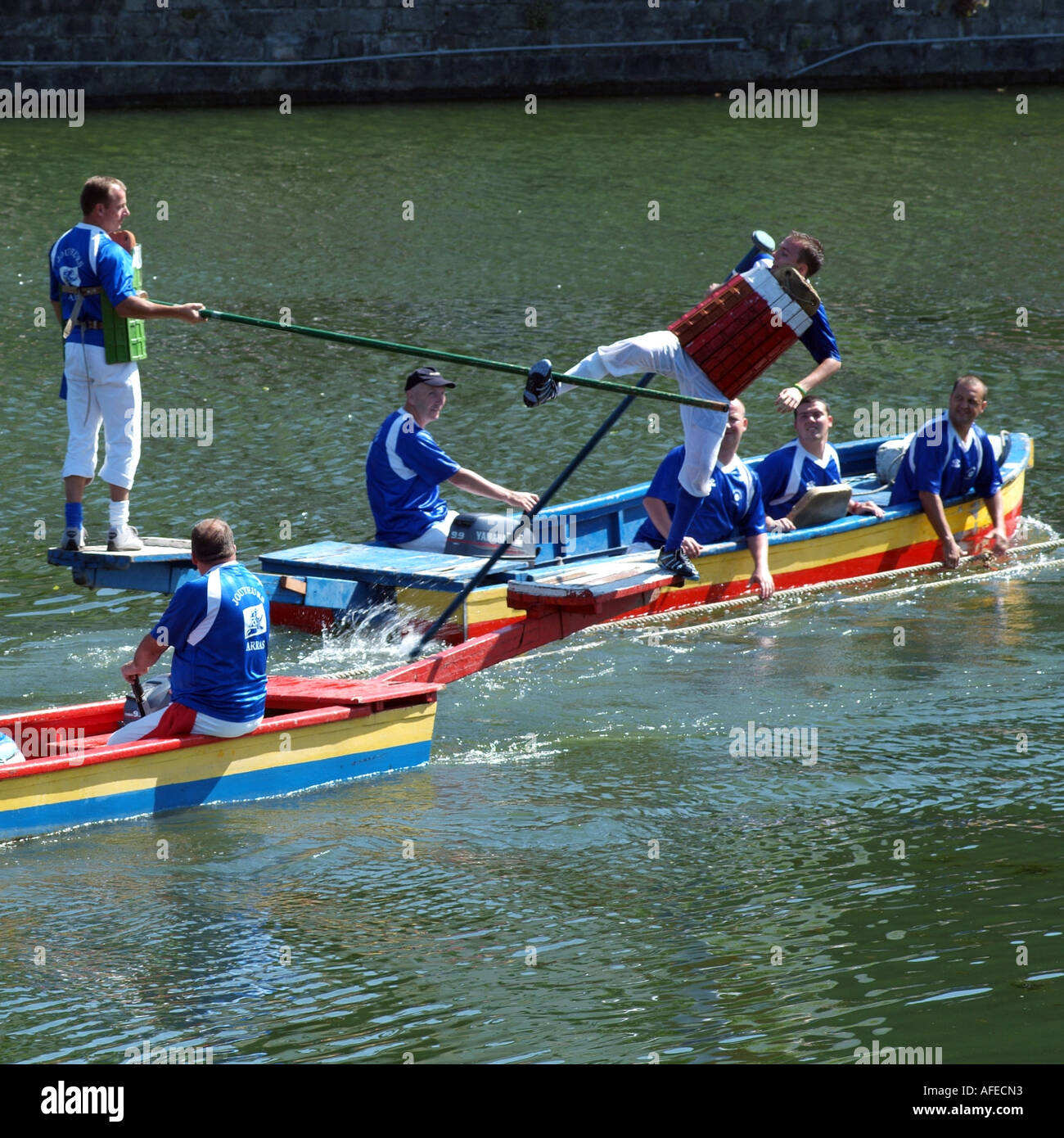 Water jousting from boats. Quai de Rivage in Arras northern France ...