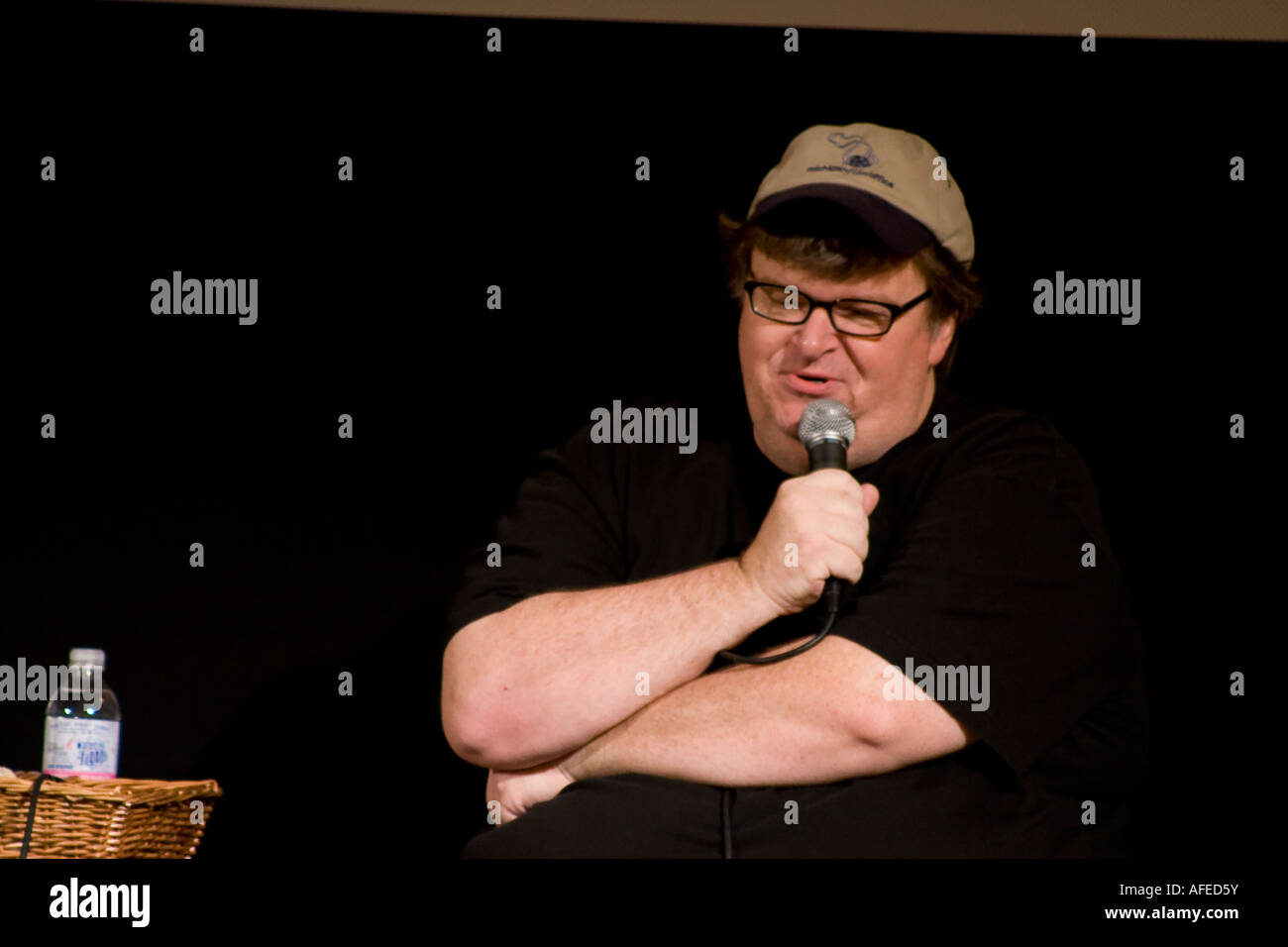 Director Michael Moore at a discussion of one of his movies Stock Photo ...