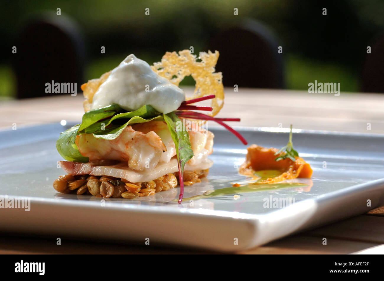 Prawn and bacon stack Stock Photo - Alamy