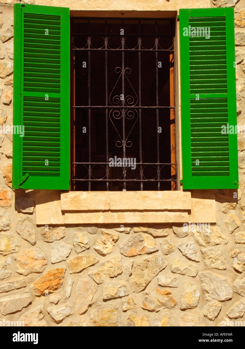 Colourful Spanish window shutters in the hstoric town of Calvià, Ponent ...