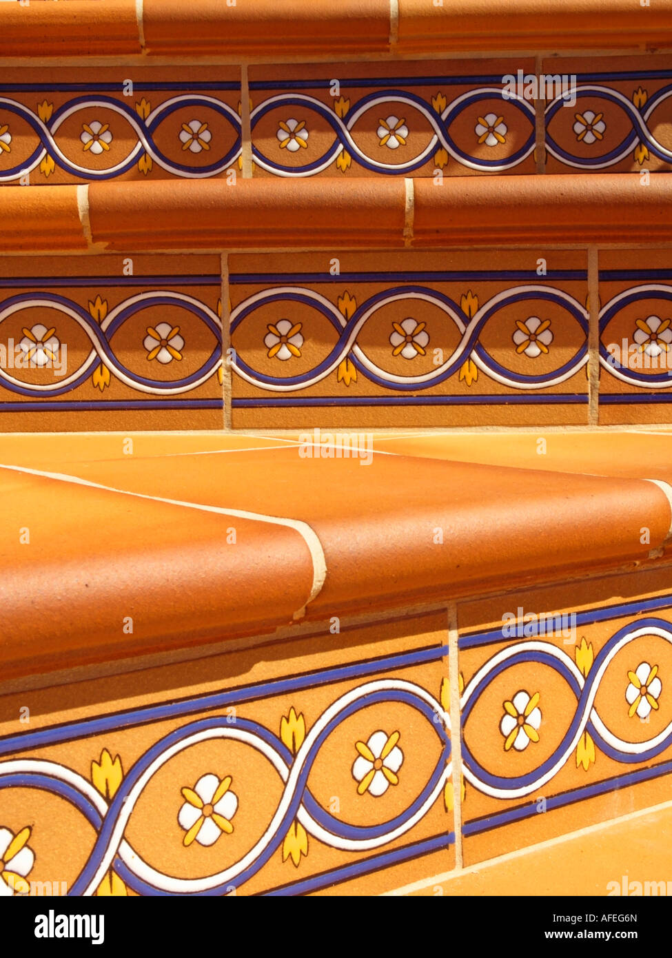 Patterned tile steps, Sant Elm, Ponent Region, Mallorca, Spain Stock ...