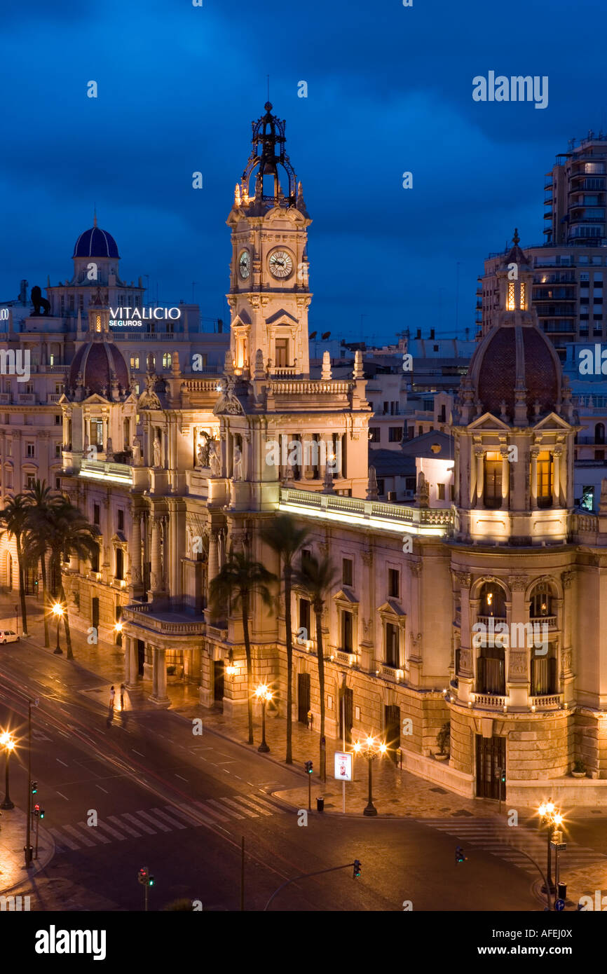 Valencia City Hall Square at night Stock Photo - Alamy