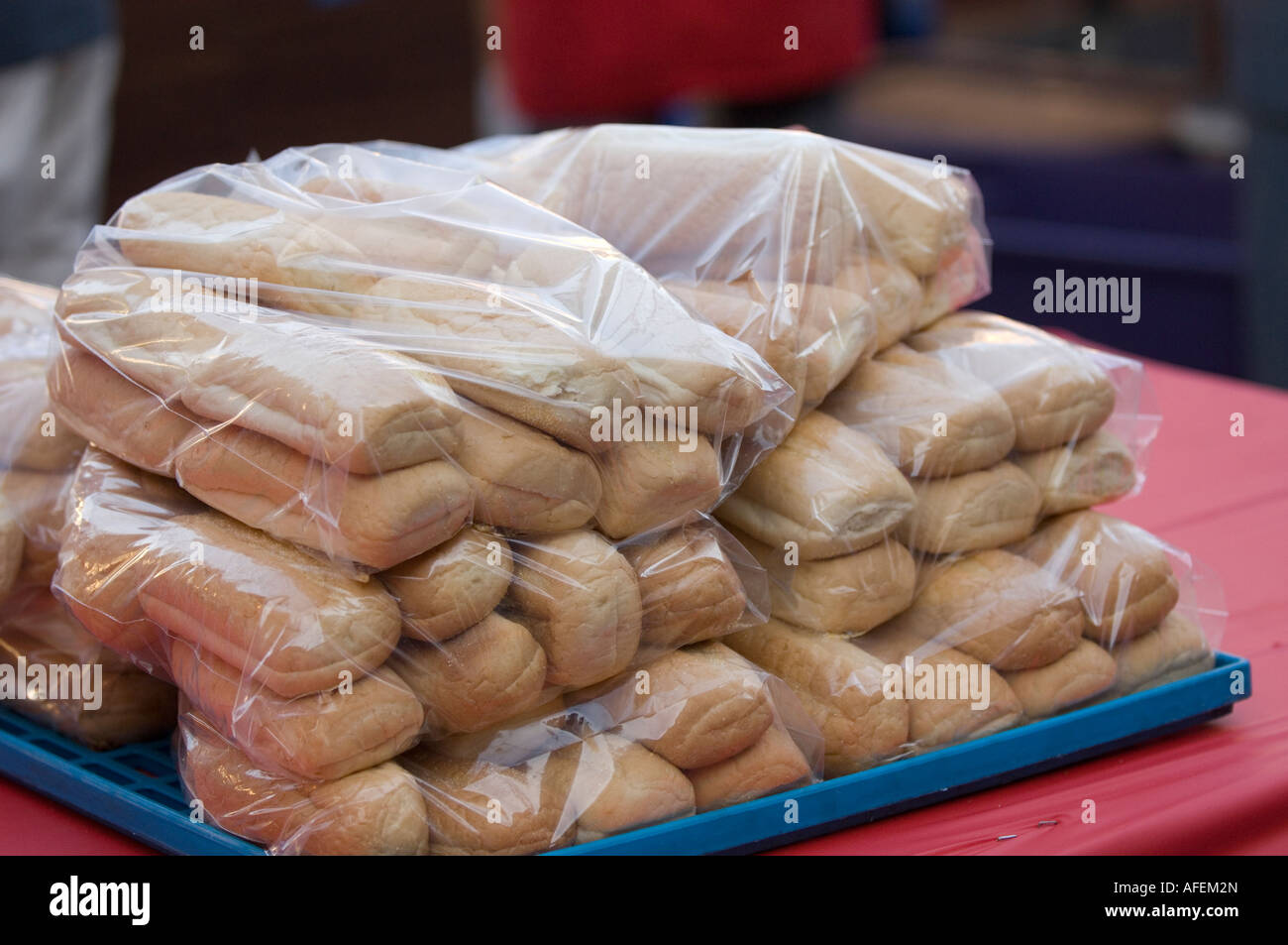 Buns wrapped and packaged in preparation for sandwich making at an ...
