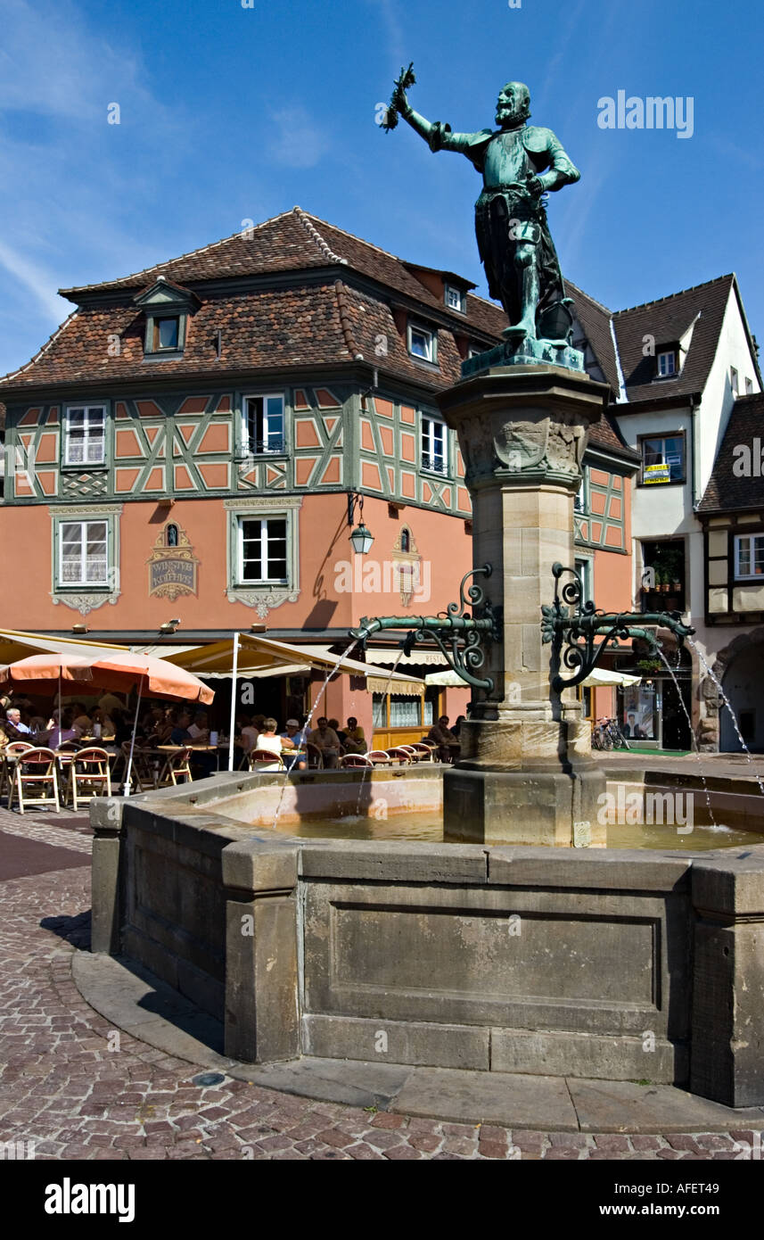 Square in Colmar Alsace showing ancient wooden clad buildings and ...