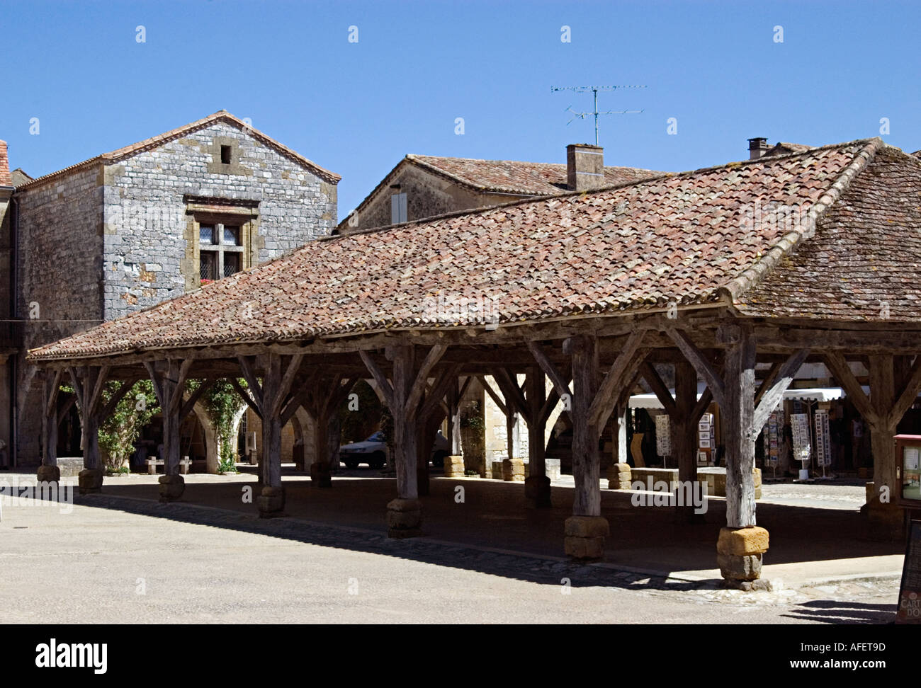 Medieval market hall of the bastide village of Monpazier Dordogne ...