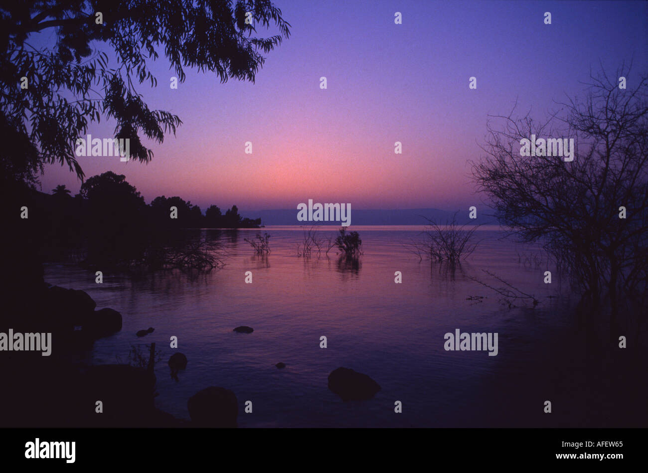 Israel Sea of Galilee northern area Tabgha sunrise with sea shore ...