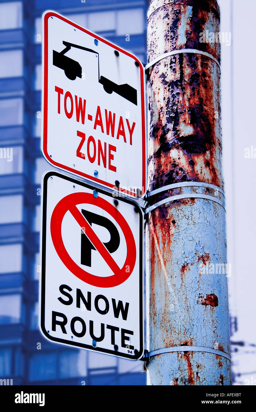 No parking snow route tow away zone Stock Photo - Alamy